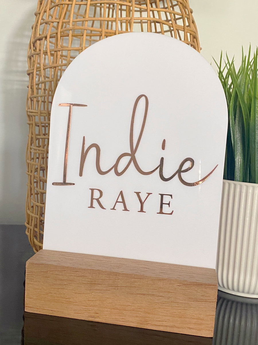 Acrylic Signs Name Sign Stands- Arch with wooden base – Toad and Co Designs